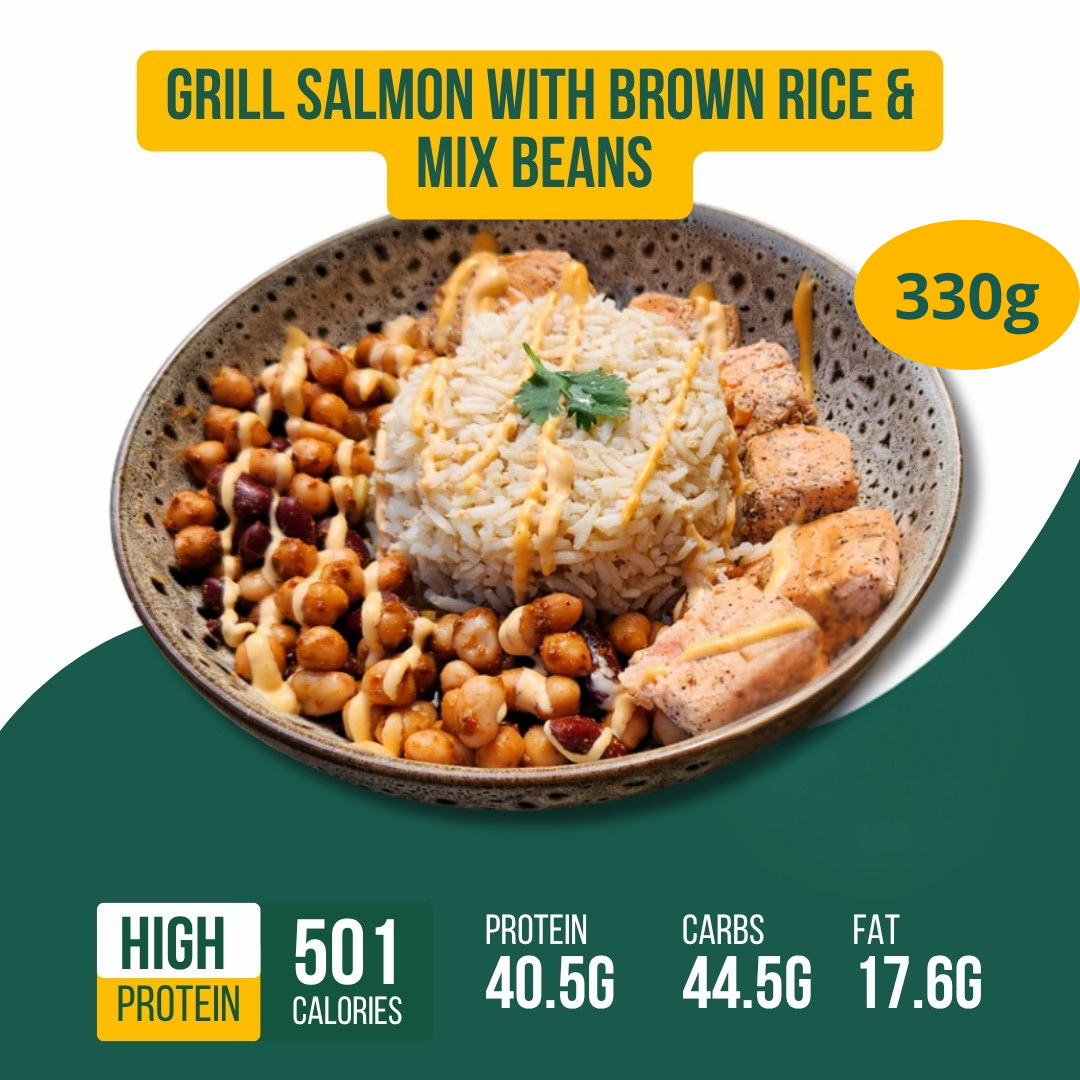 Grill Salmon with Brown Rice & mix beans 330g – SizZzlingo Express